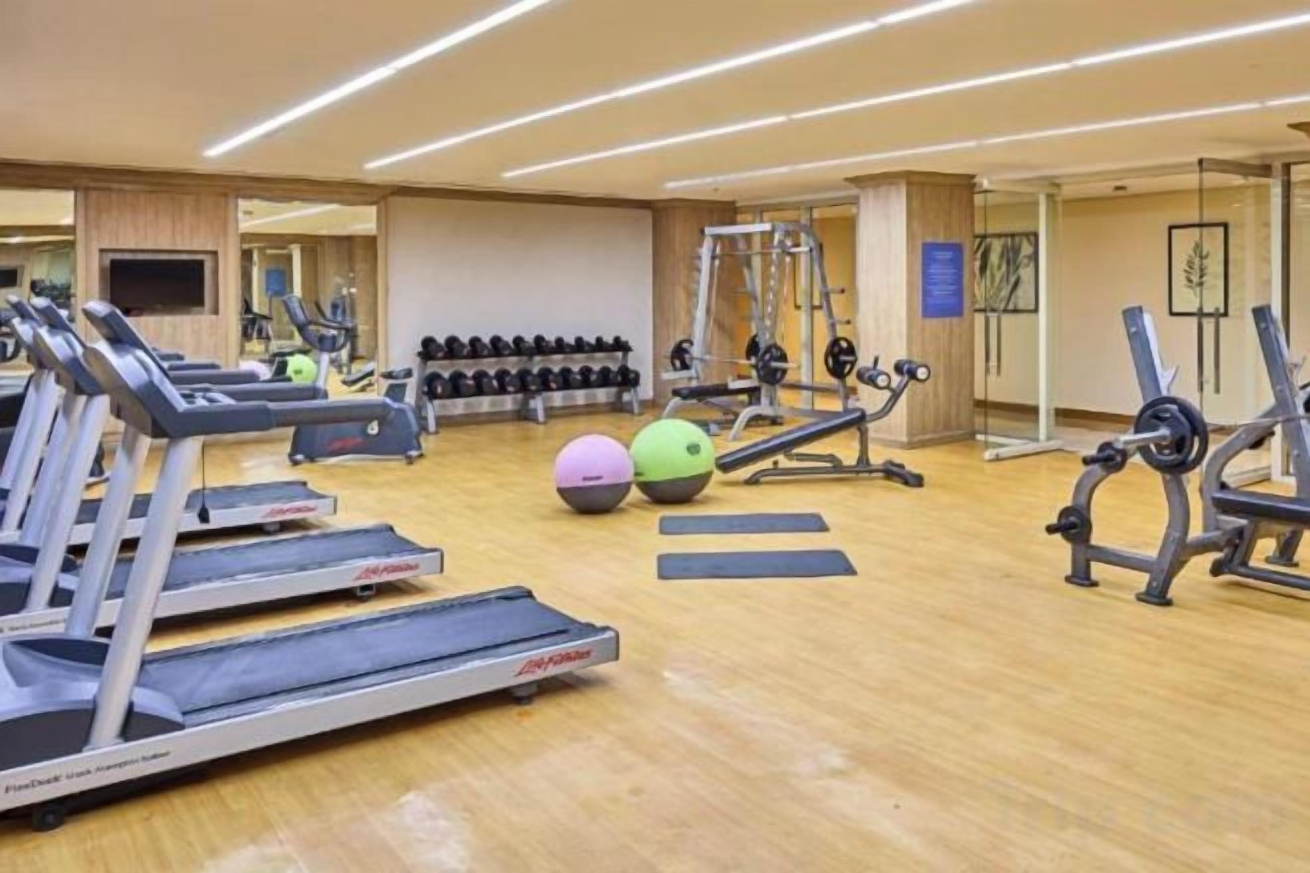 Academia com esteiras, bolas de exercícios e aparelhos de musculação.