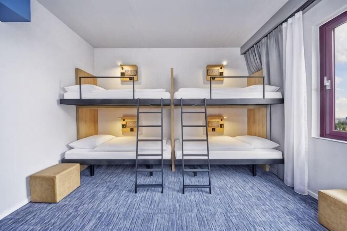 Um quarto com beliches, duas escadas, luminárias de cabeceira, uma janela com cortinas e piso coberto de carpete.
