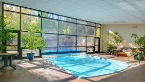 Piscina interna com piso azulejado, amplas janelas e plantas em vasos.