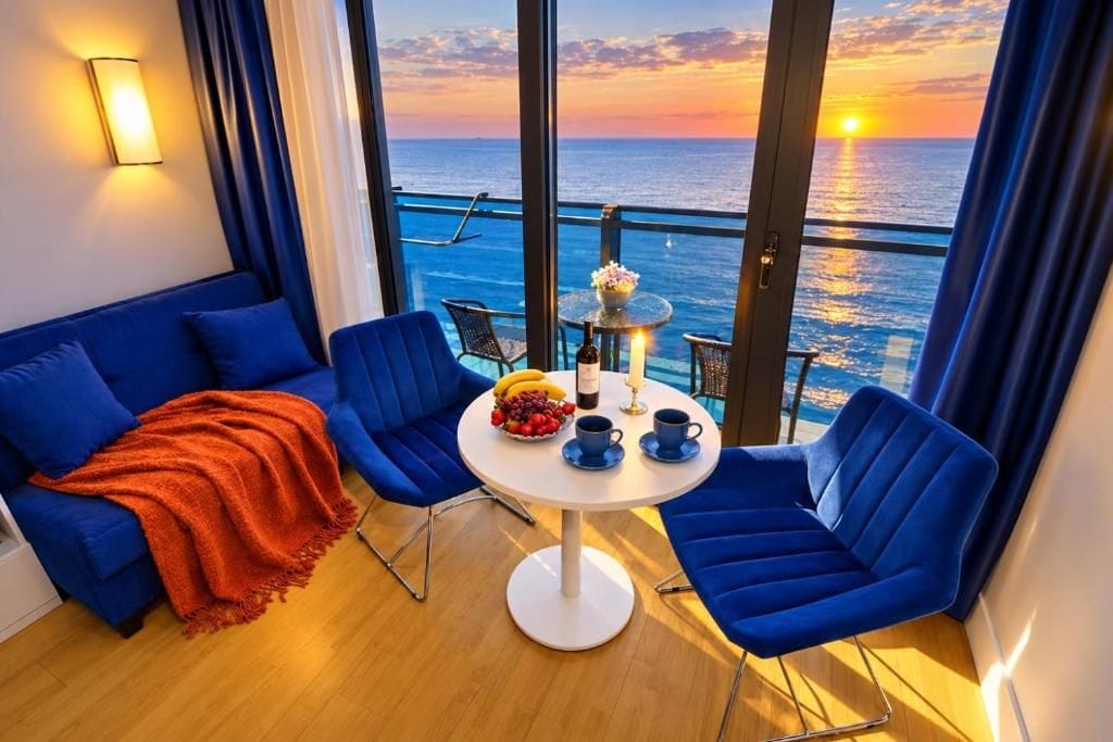 Varanda com vista para o pôr do sol sobre o oceano, mobiliada com sofá, cadeiras e uma mesa com garrafa, copos e frutas.