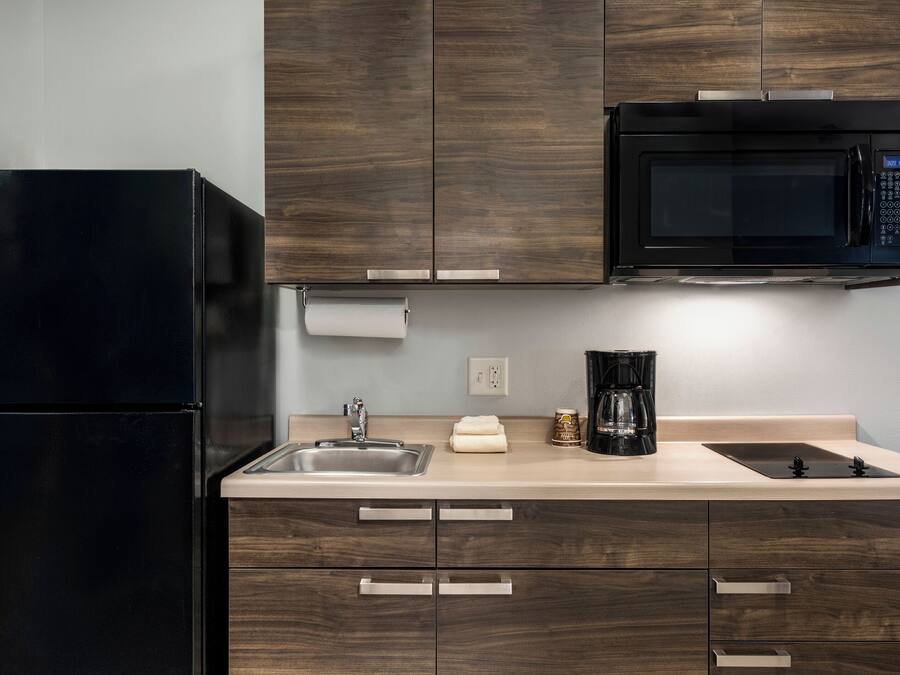 Um frigorífico/congelador grande, um micro-ondas, uma placa de cozinha