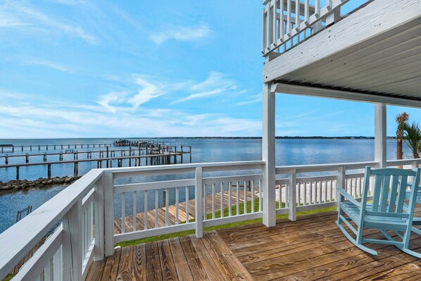 Sandy Sunset Sound front 4BR Home Two Decks w/ Sunset Views Boat Dock ...