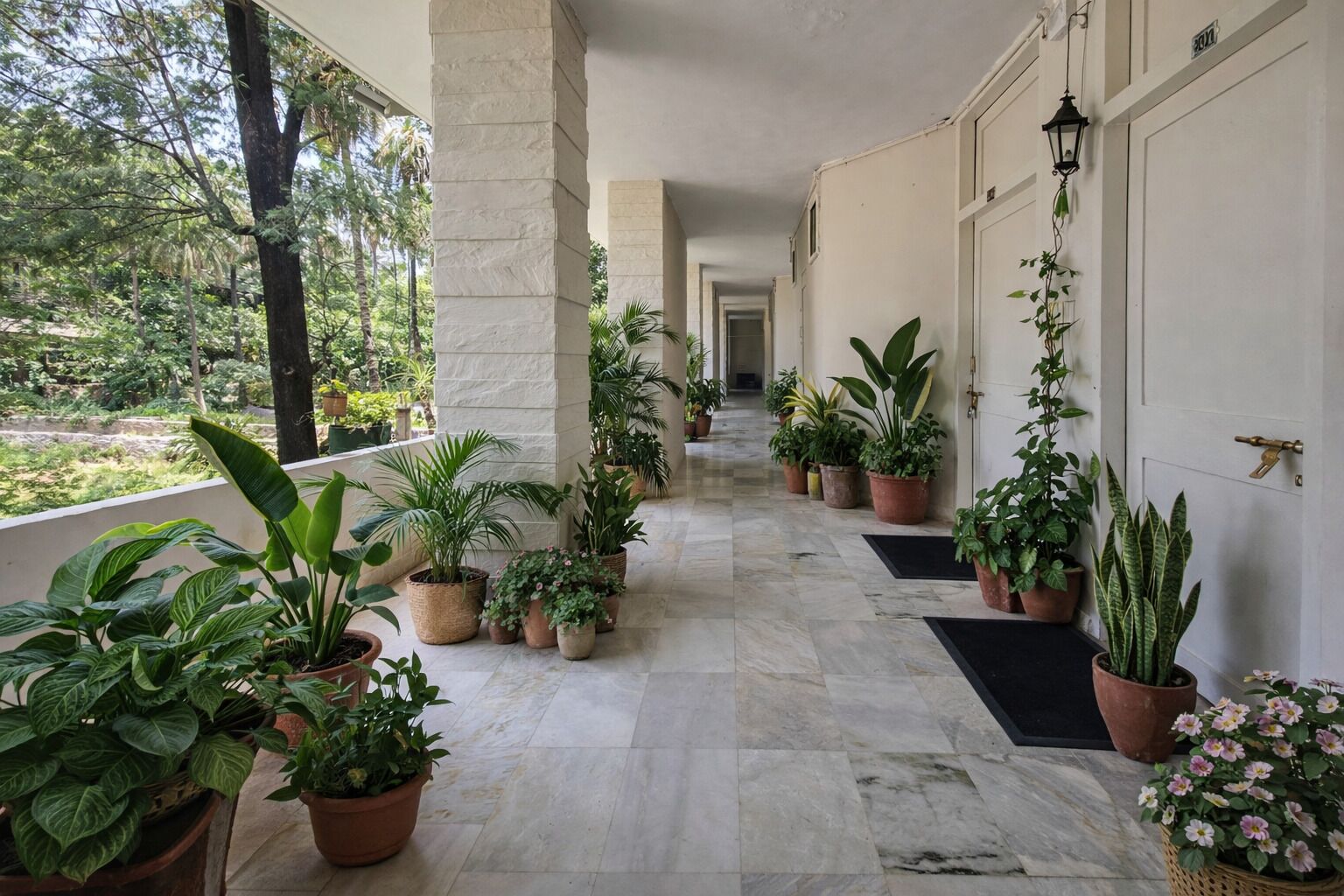 Um corredor coberto com plantas em vasos, chão de mármore e portas em um dos lados.