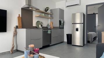 Um frigorífico/congelador grande, um forno, uma placa de cozinha