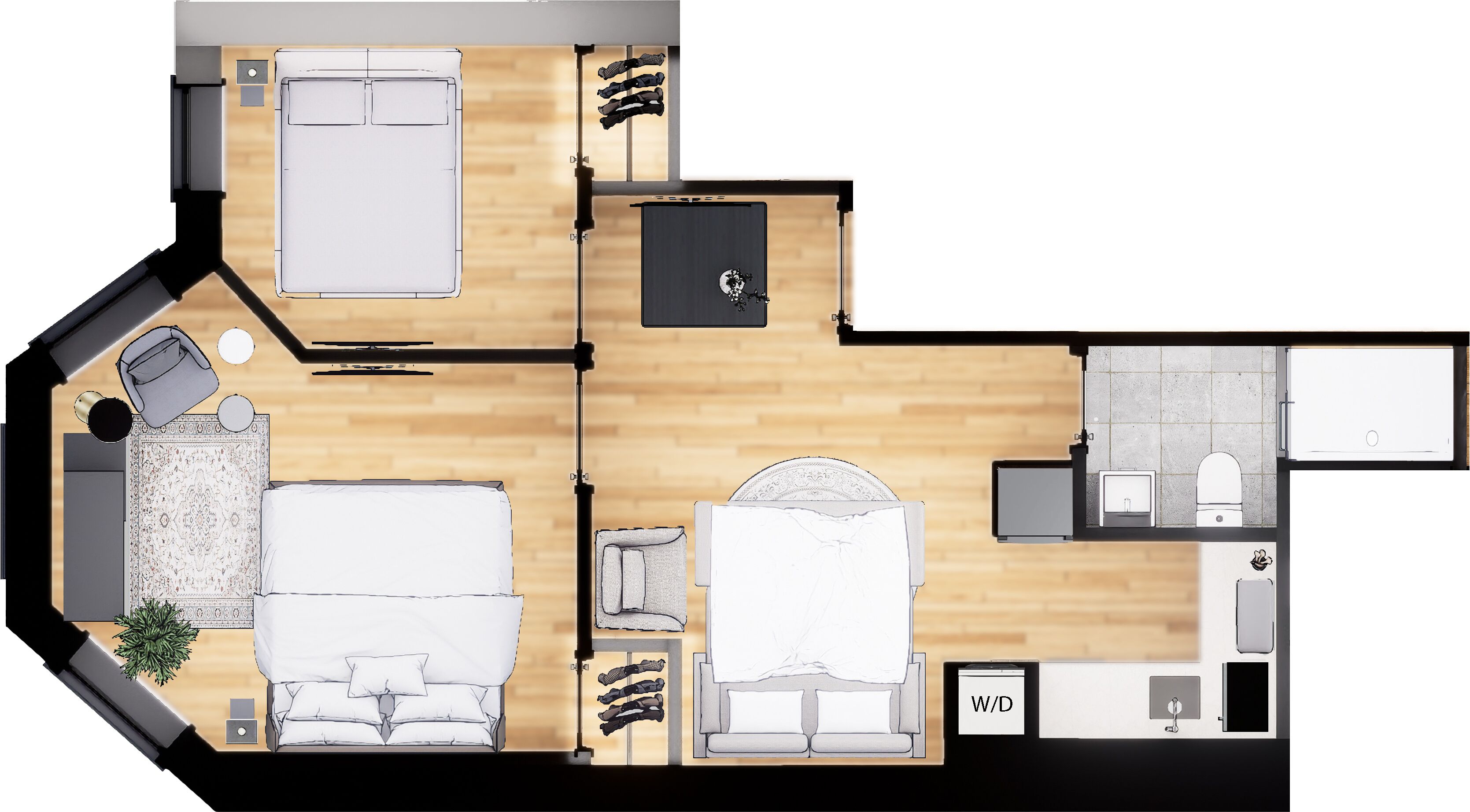 Planta de apartamento de dois quartos, com sala de estar, cozinha e banheiro.