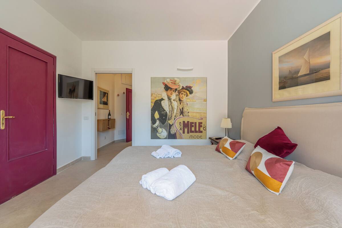 Quarto de hotel com uma cama grande, televisão, um quadro na parede e uma porta.