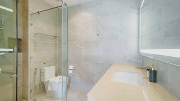 Uma casa de banho moderna com cabine de duche em vidro, sanita e lavatório com balatório.