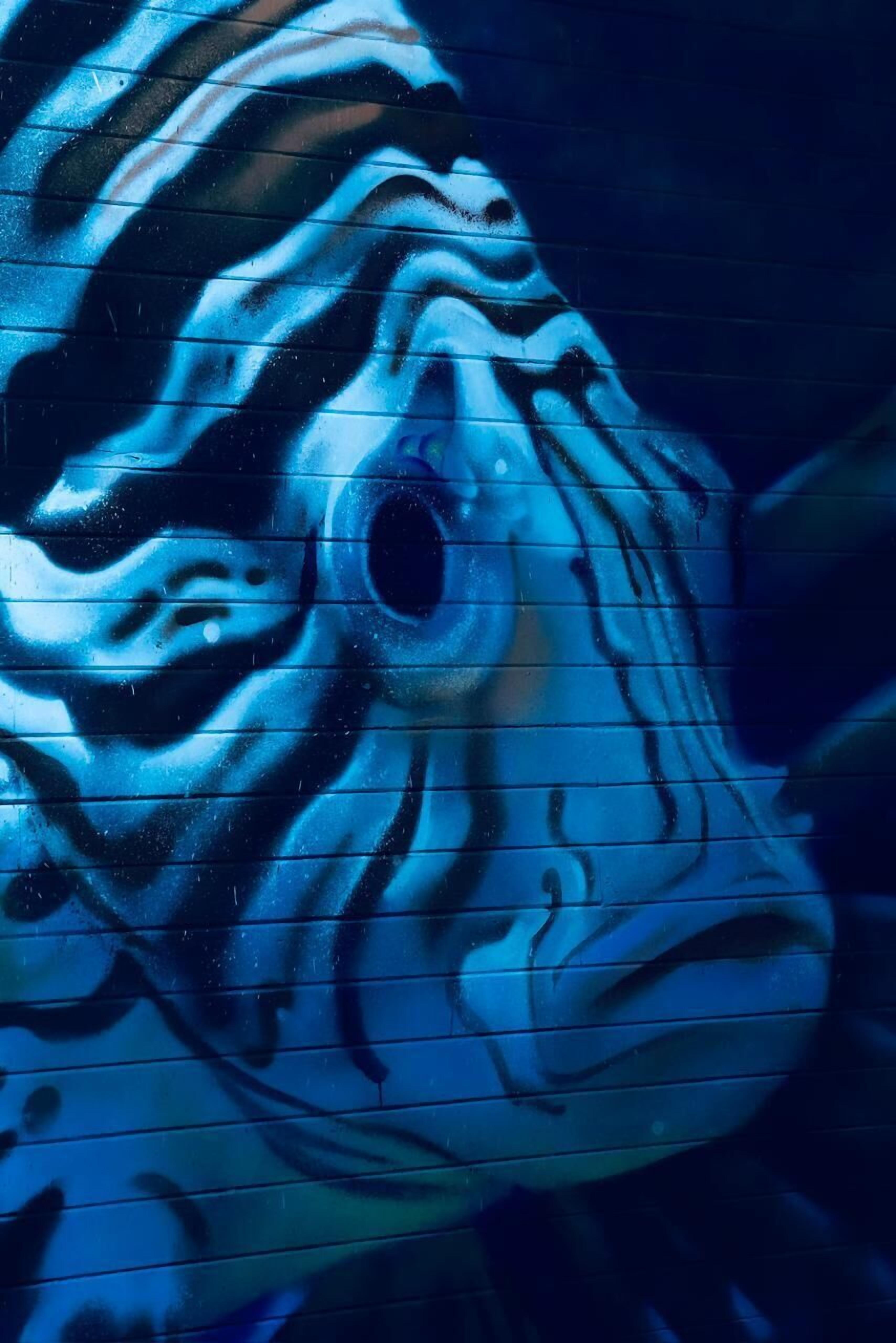 Um close-up de uma pintura abstrata azul e branca em uma parede.