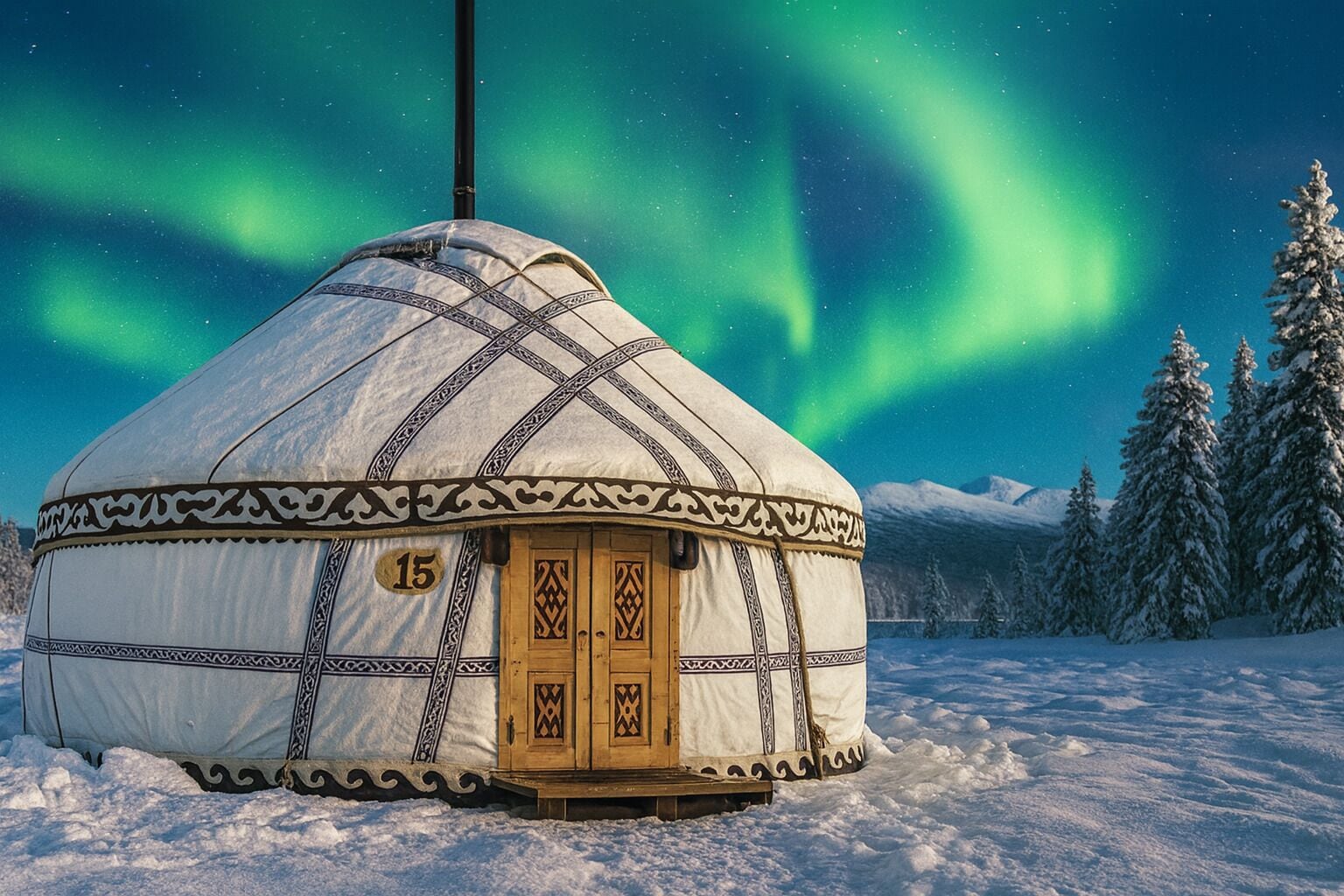 Uma yurt tradicional com o número '15' na porta, situada numa paisagem nevada com vista para as luzes do norte.