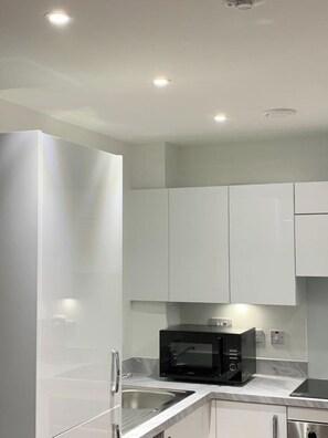 Um frigorífico, um micro-ondas, um forno, uma placa de cozinha 