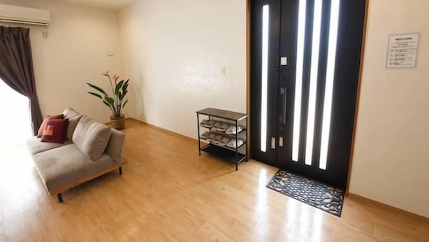 Sala de estar com sofá, planta, sapateira e porta com iluminação vertical.