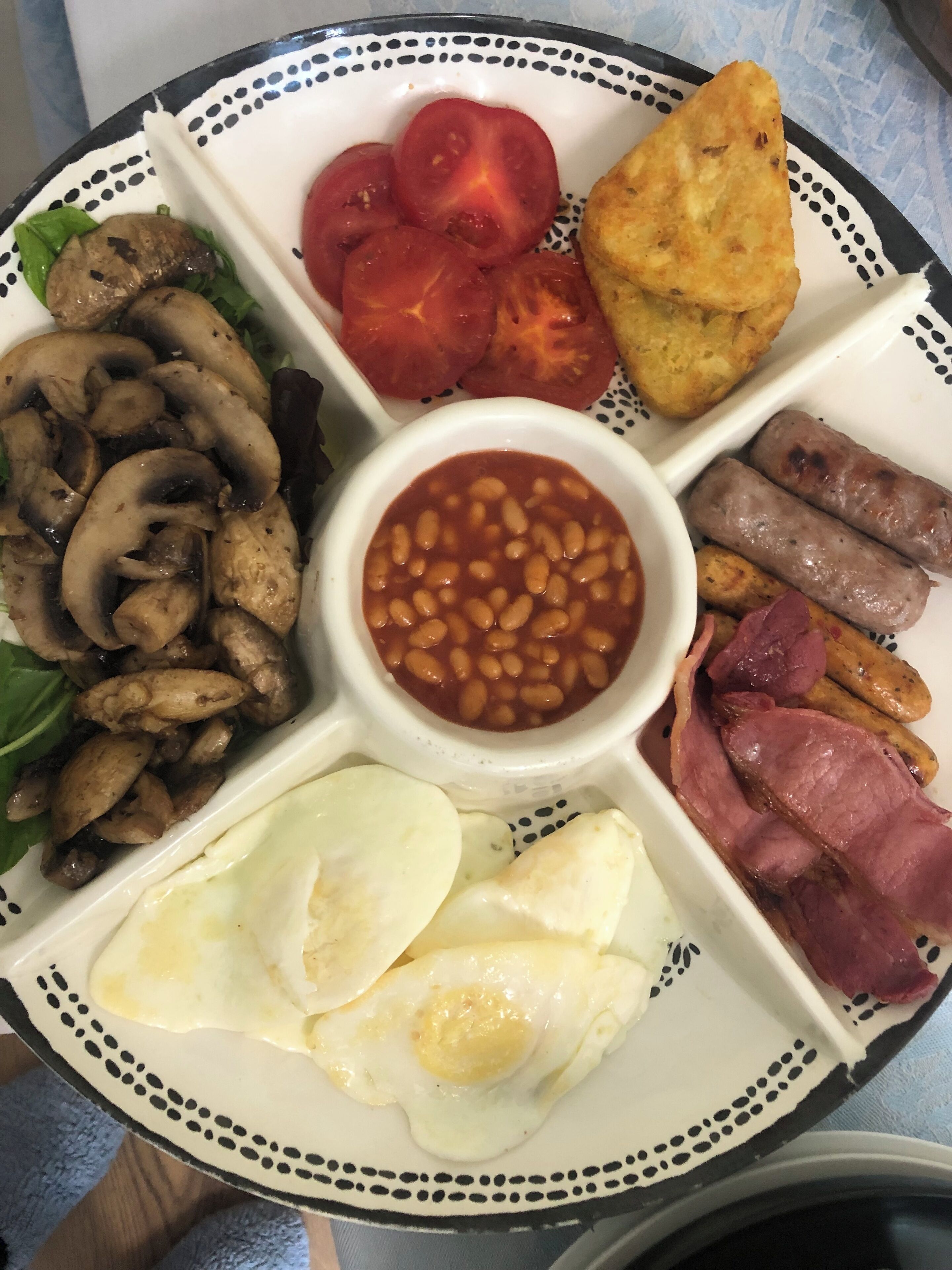 Um prato com diversos itens de café da manhã, incluindo ovos, linguiça, tomates, cogumelos, feijão e presunto.