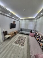 Uma sala de estar moderna com televisão de tela plana, um sofá, um tapete estampado e uma mesa lateral de madeira.