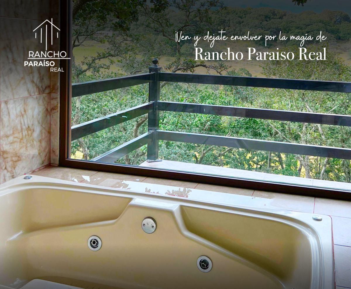 Casa de banho com banheira e vista para o verde lá fora.