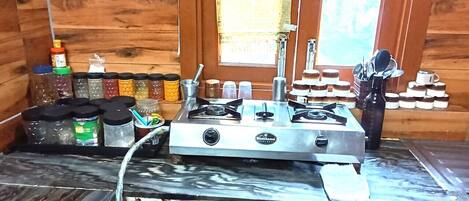 Um frigorífico/congelador grande, um micro-ondas, um forno