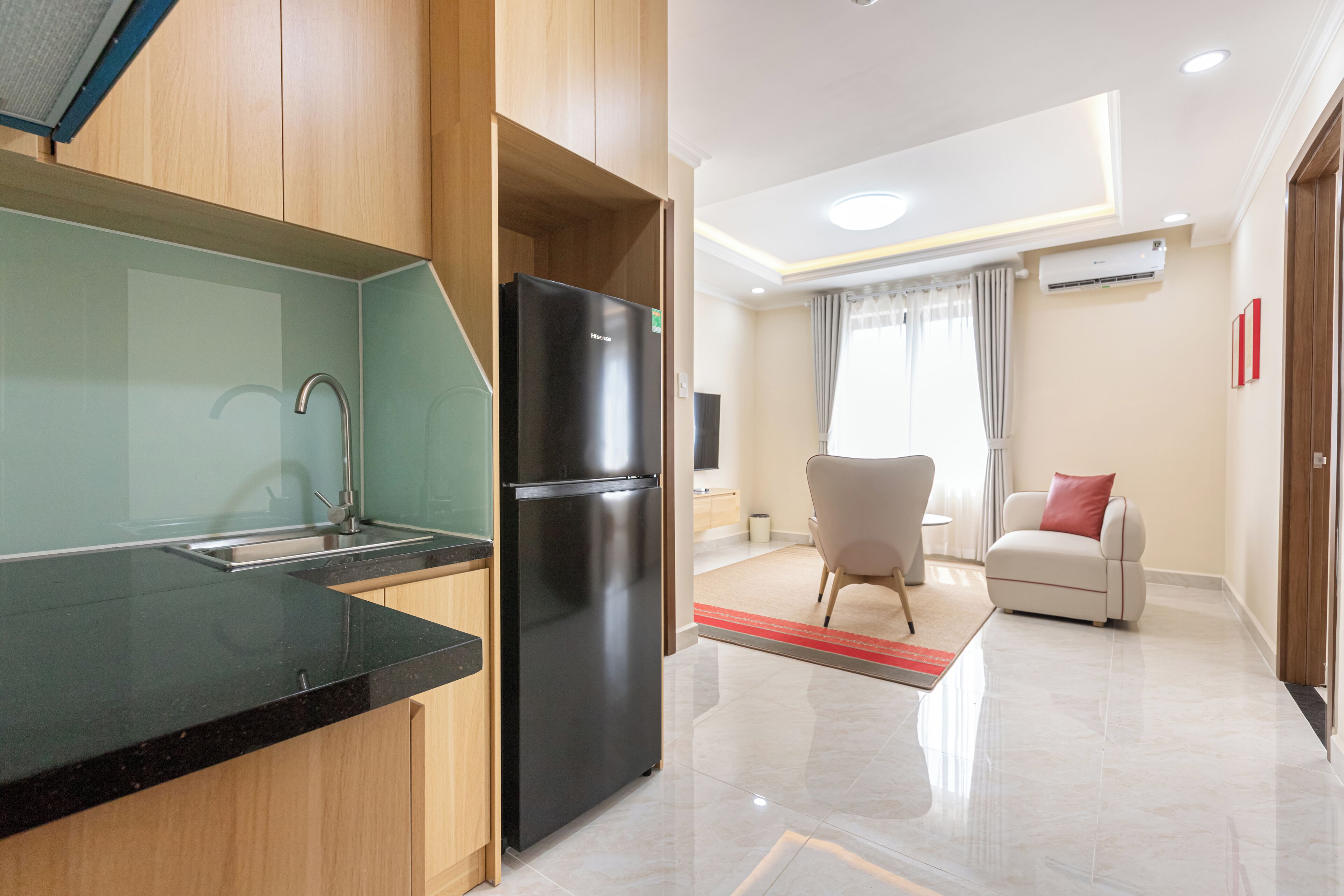 Quarto Duplo Executivo, 2 quartos | Cozinha privada | Produtos de limpeza, Rolo de cozinha 