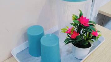 Casa de banho com suporte de papel higiénico, um cesto de lixo e uma planta em vaso.