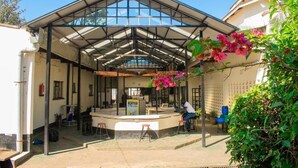 Área externa coberta com balcão e banquetas, rodeada por vegetação e um edifício com parede de azulejos.