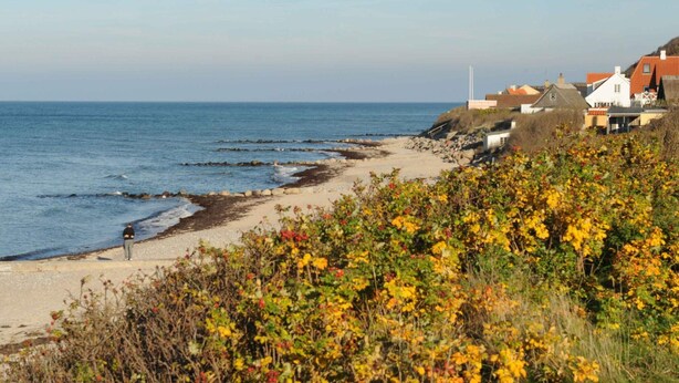 Uma praia costeira com uma pessoa caminhando pela margem, casas com telhados vermelhos e um farol ao fundo.