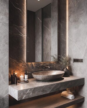 Chuveiro, secador de cabelo, toalhas de banho, sabonete