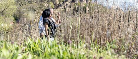 Uma pessoa caminhando por um campo com grama alta e árvores ao fundo.