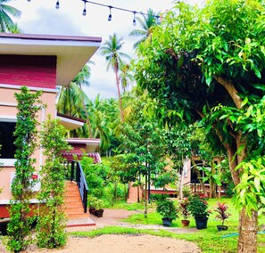 Um jardim tropical com um edifício moderno, uma escadaria e diversas plantas.