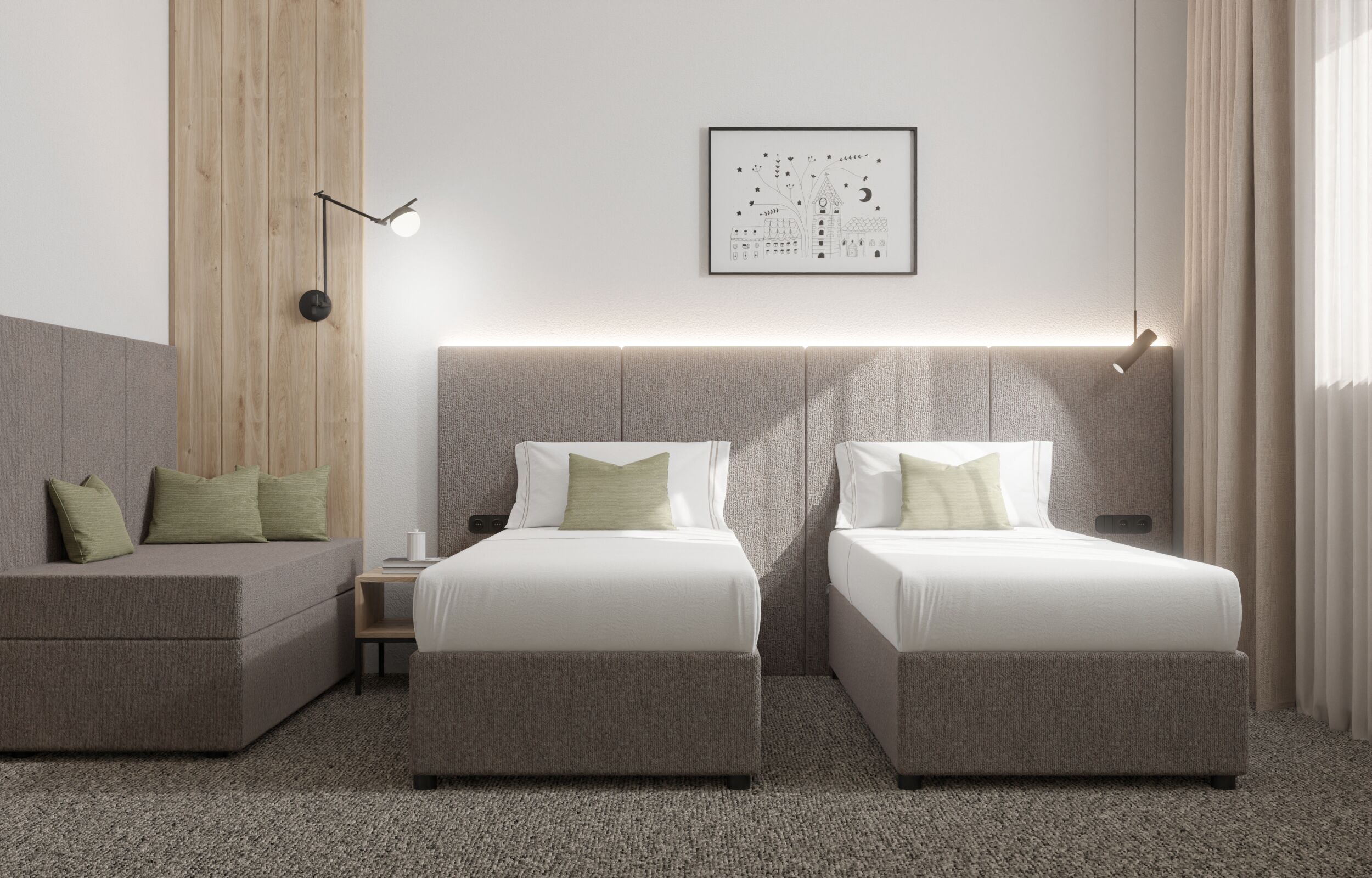 Quarto de hotel moderno com duas camas, um sofá e uma mesa de cabeceira.
