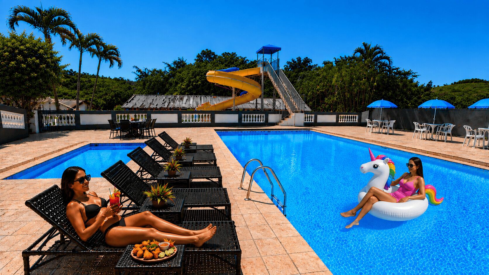Piscina interior, 2 piscinas exteriores, guarda-sóis, espreguiçadeiras 
