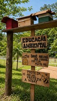 Um sinal de madeira com mensagens de educação ambiental e uma estrutura em forma de colmeia.