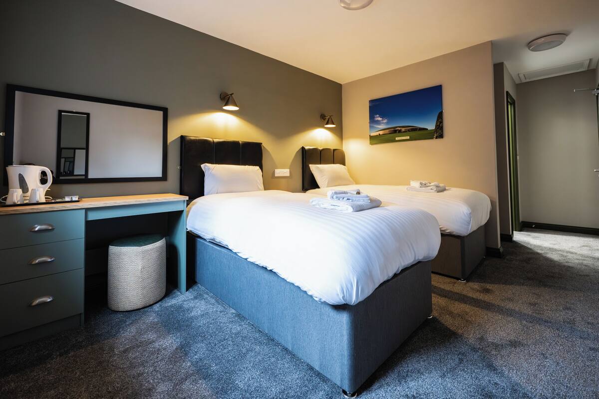 Quarto de hotel com uma cama grande, uma escrivaninha com cafeteira, um cesto de lixo e um quadro na parede.