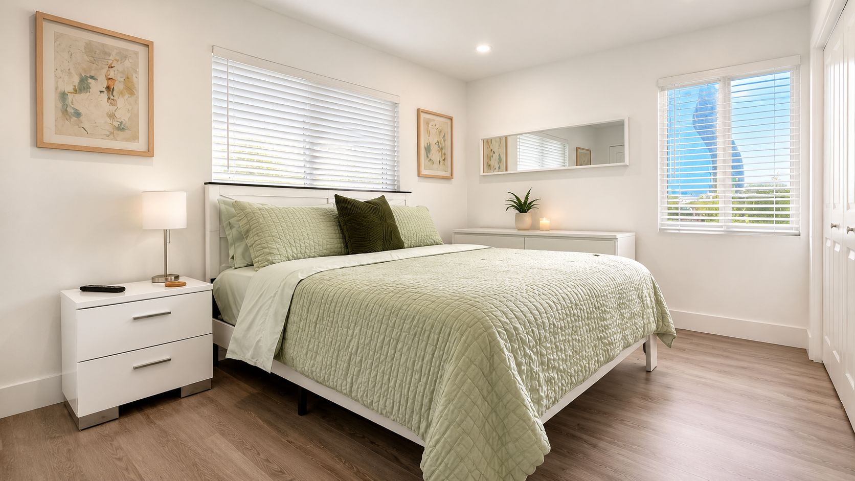 Quarto com cama, mesas de cabeceira, um espelho e janela com persianas.