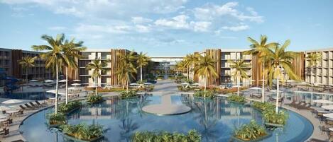 Quarto casal superluxo, sacada, vista parcial para o mar | Piscina | 6 piscinas externas, barracas de cortesia, espreguiçadeiras