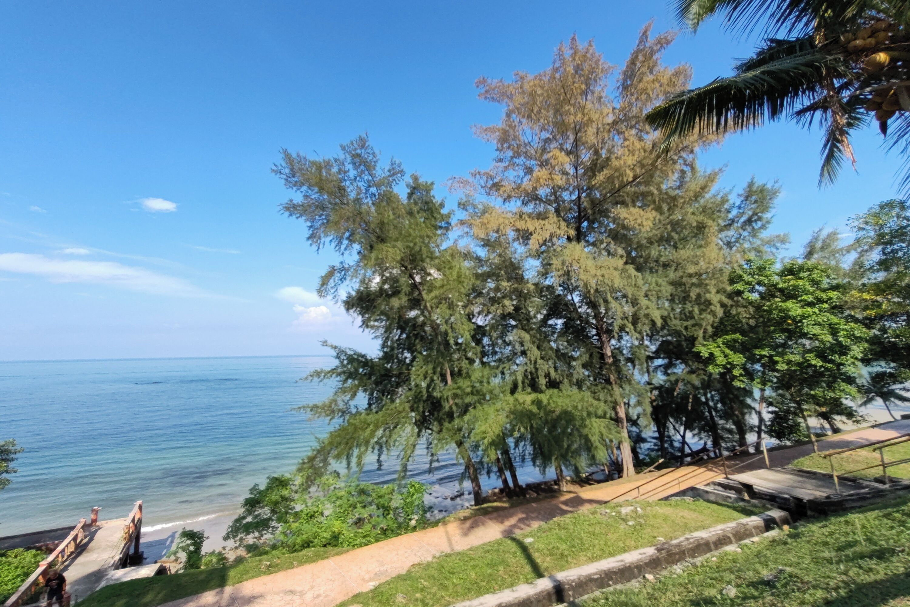Um passeio à beira-mar com vista para o oceano, rodeado por árvores e um céu limpo.