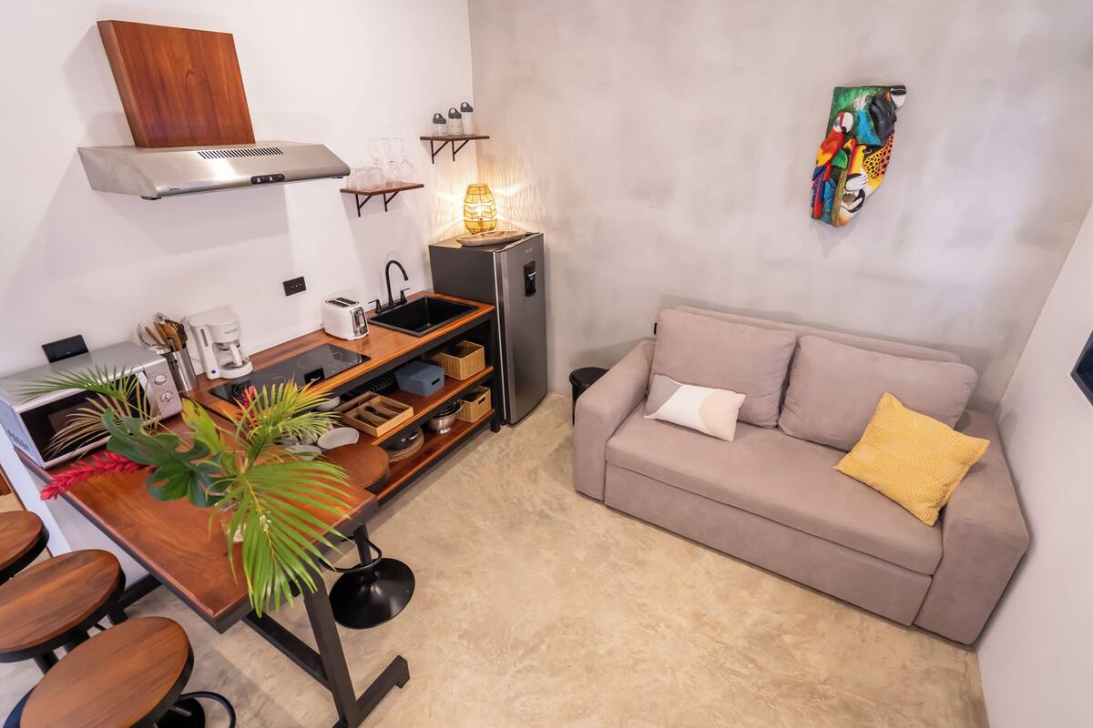 Um espaço compacto com cozinha compacta, sofá, mesa de jantar e um vaso de planta.