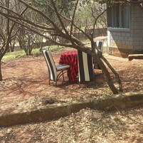 Uma área externa com mesas e cadeiras sob uma árvore, rodeada por um caminho de terra e um prédio de tijolos.