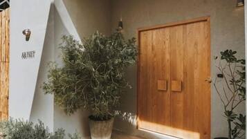 Uma porta de madeira com um vaso de planta ao lado.