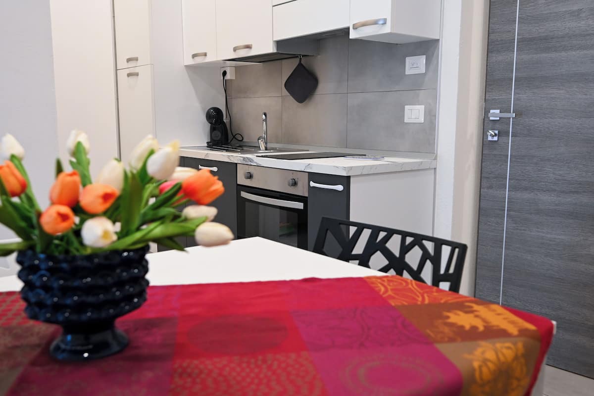 Apartamento conforto, vista para a montanha (Berenice) | Cozinha privada | Geladeira grande, fogão, cooktop, cadeirão de bebê