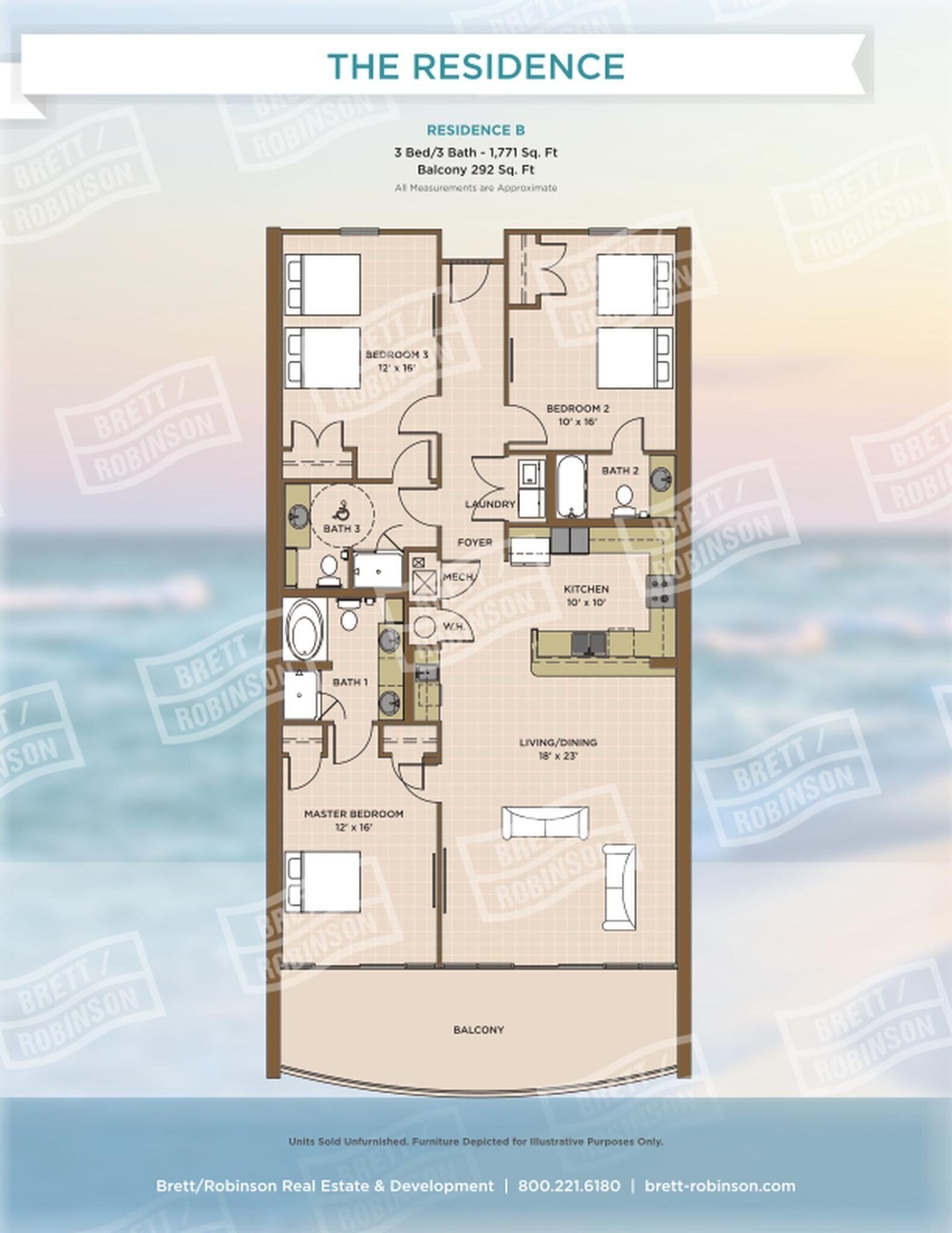 Planta baixa de uma residência com 3 quartos, 3 banheiros, cozinha, sala de estar/jantar, quarto principal e varanda.