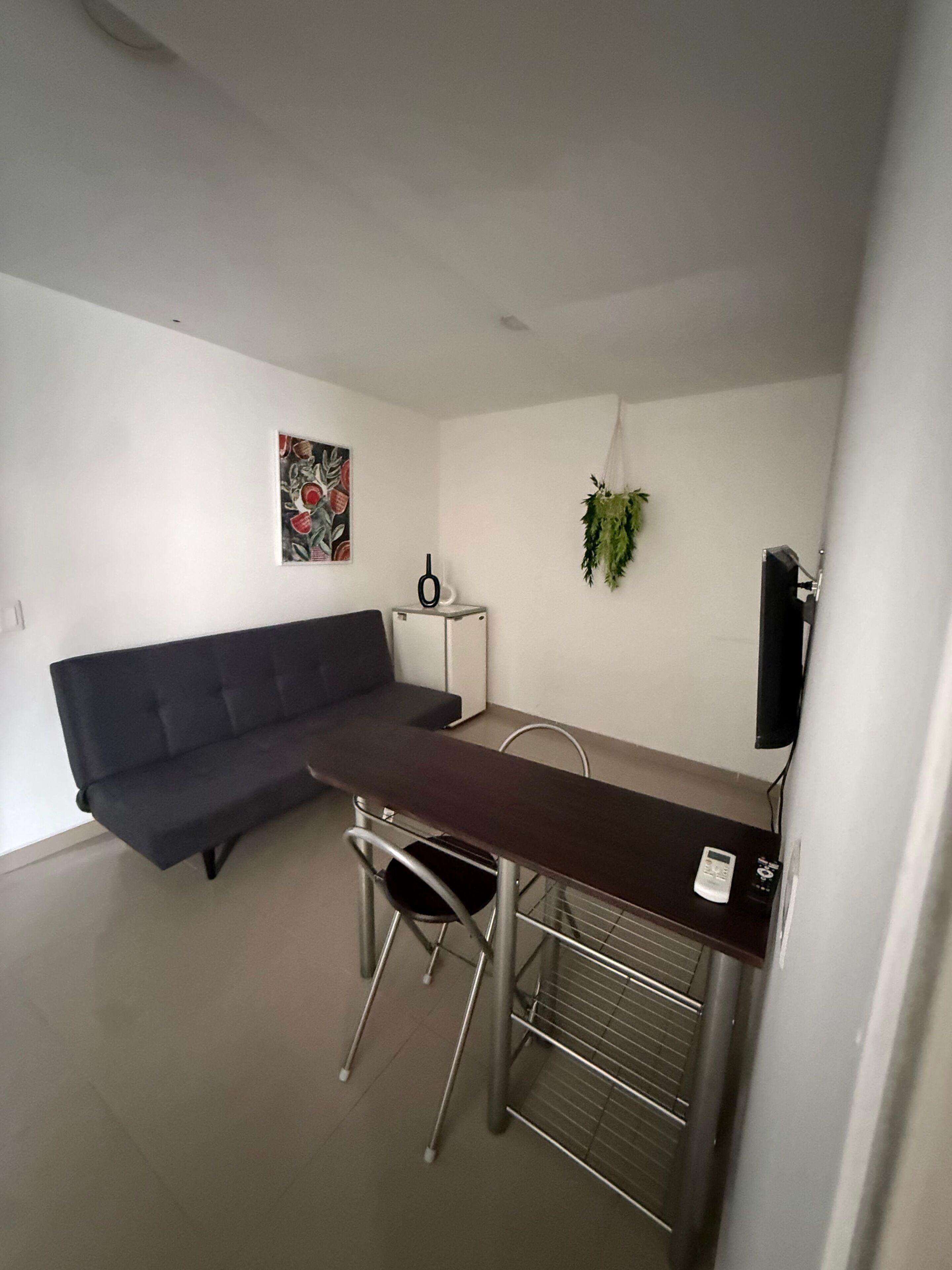 Quarto pequeno e moderno com uma mesa de jantar marrom escura, um sofá preto, um armário branco compacto, uma planta pendente e uma televisão na parede.