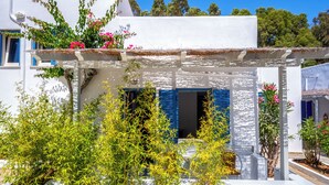 Um edifício branco com janelas azuis e um alpendre, com muita vegetação.