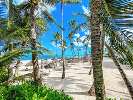 Perto da praia, areia branca, espreguiçadeiras, guarda-sóis 