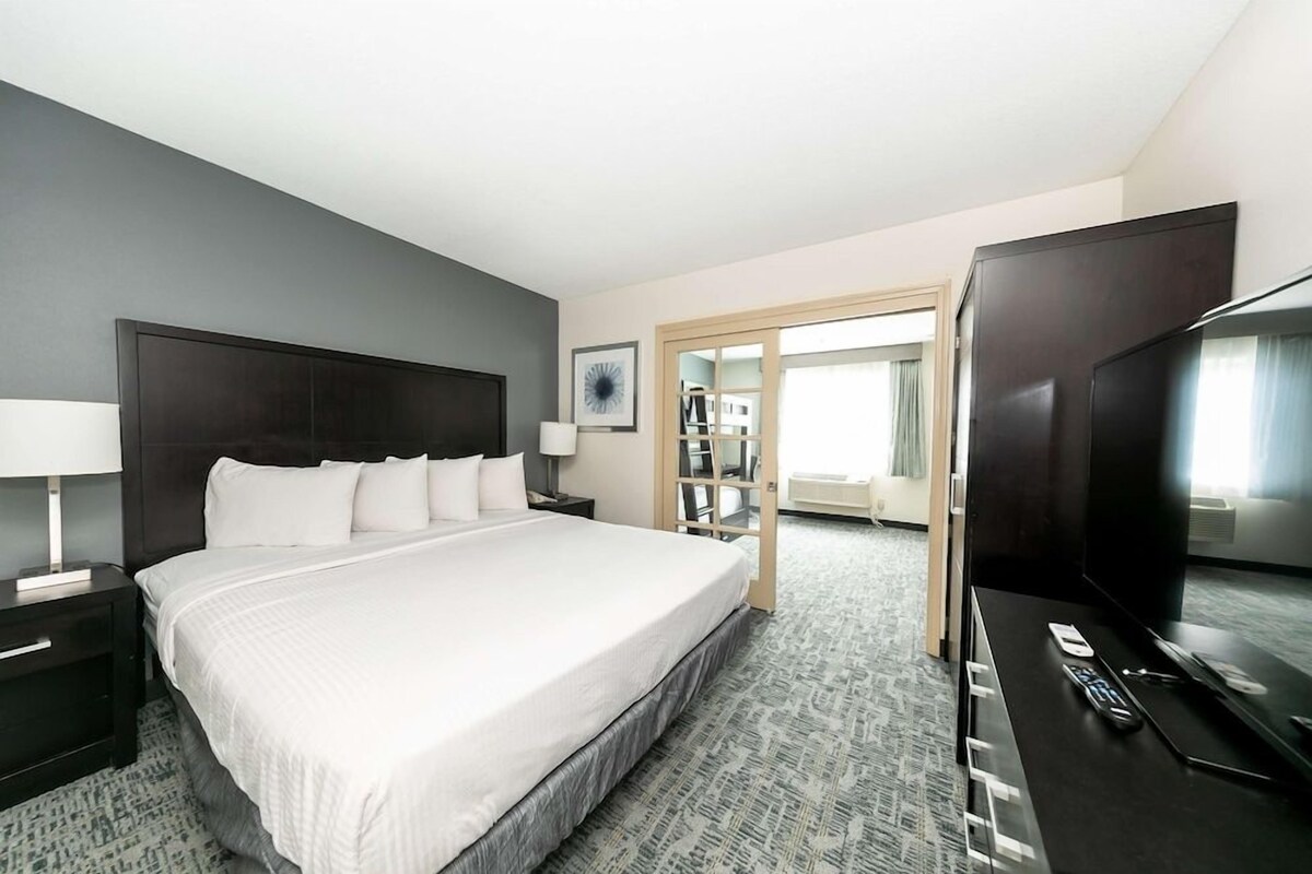 Quarto de hotel com uma cama grande, televisão, escrivaninha e espelho.