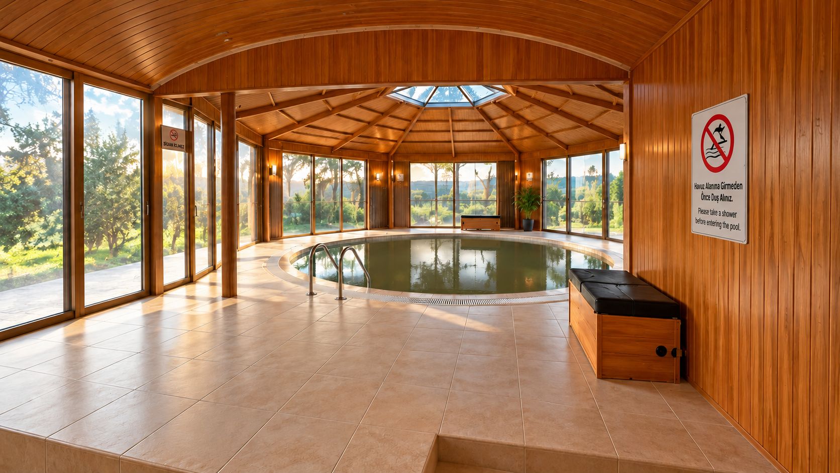 Uma grande piscina coberta com interior em madeira, cercada por amplas janelas que oferecem vista para o exterior.