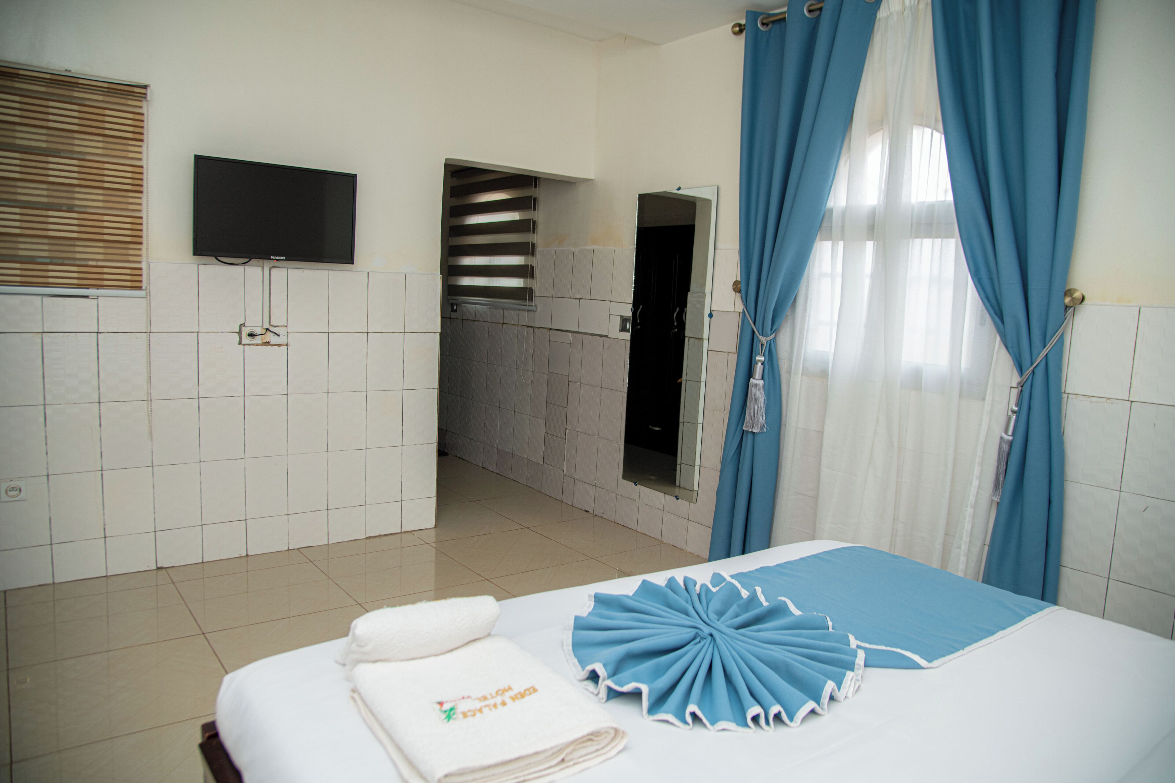Quarto de hotel com cama, televisão e área de chuveiro.