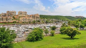 Uma marina com vários barcos, uma ponte e edifícios residenciais ao fundo.