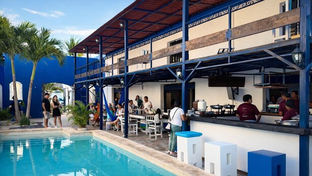 Área de piscina com bar e assentos, cercada por palmeiras e uma piscina.