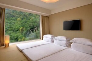 Quarto de hotel com duas camas, televisão e janela com vista para o verde.