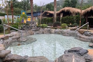 Uma piscina translúcida cercada por pedras e palmeiras, com uma estrutura de telhado de palha ao fundo.
