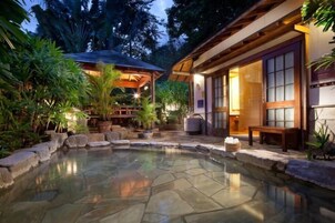 Um jardim japonês tradicional com uma nascente termal de pedra, estruturas de madeira e vegetação exuberante.