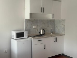 Geladeira grande, micro-ondas, cooktop
